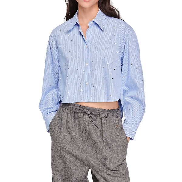 Sandro Holi Rhinestone-Studded Striped Cotton Shirt – evaChic